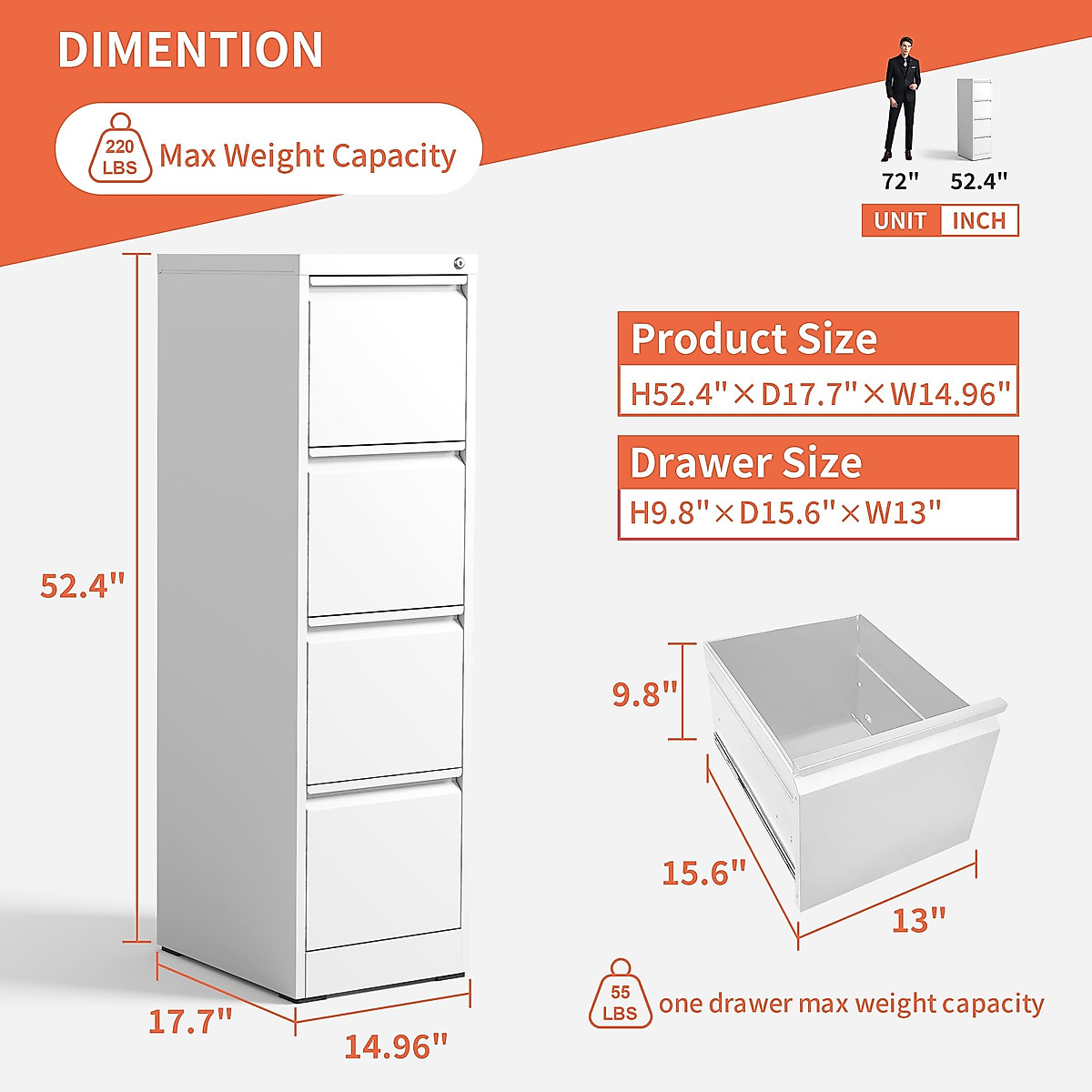 IKIMI 4 Drawer File Cabinet,Metal Filing Cabinets with Lock,White Vertical File Cabinet for Home Office,Heavy Duty Metal Storage Cabinet for A4/Letter/Legal Size File,Assembly Required