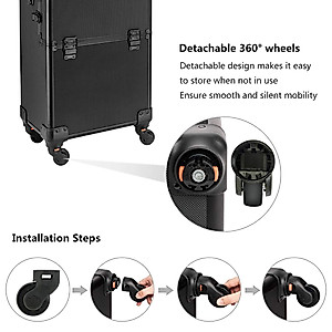 mefeir 2 in 1 Rolling Makeup Train Case, Travel Makeup Organizer Cosmetic Display Case, Aluminum Cosmetology Supply Suitcase on Wheels, Beauty Storage Luggage Lockable w/4 Removable Wheels (Black)