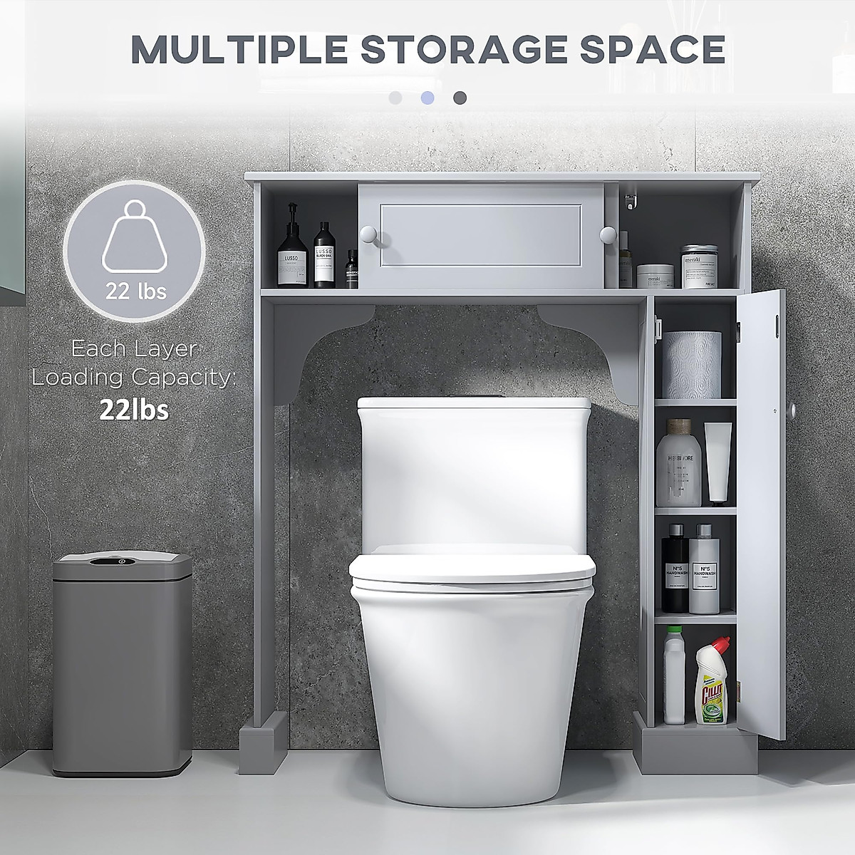 HOMCOM Over The Toilet Bathroom Cabinet, Freestanding Bathroom Storage Organizer with Adjustable Shelves, Toilet Rack, Gray