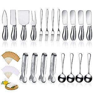 Charcuterie Board Accessories Cheese Spreader Knife Set Cheese Butter Knife Stainless Steel Mini Serving Tongs Spoons Appetizer Forks for Pastry Christmas (Silver, 20 Pieces)