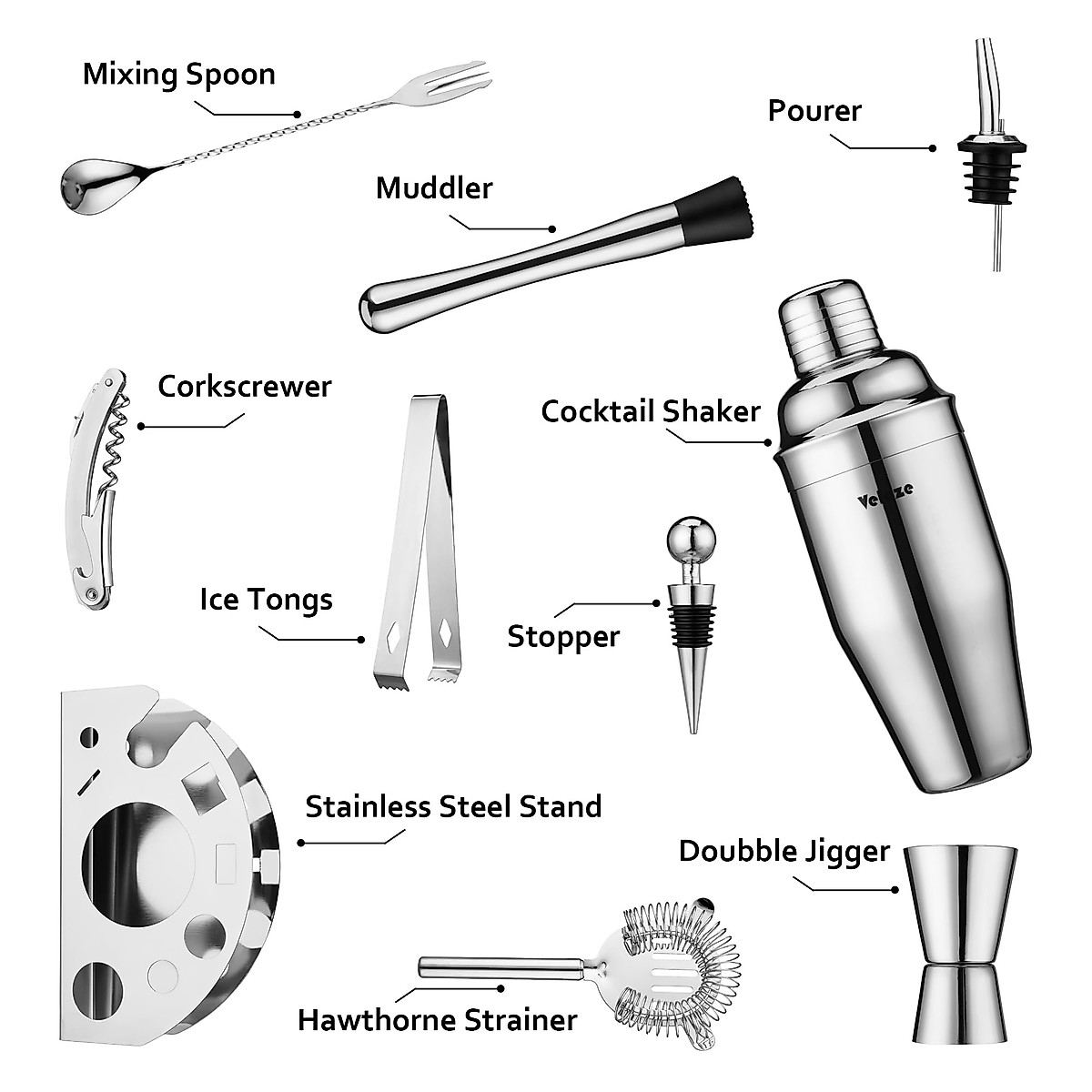 Velaze Cocktail Shaker Set,10 Pieces Stainless Steel Bar Tools - Bottle Opener, Pour Spouts,Measuring Jigger and Wine Stopper, Champagne Martini Shaker Sets (Blue)