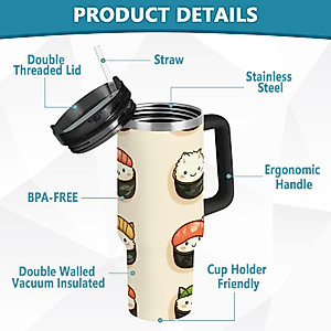 Selerdon 40 oz Tumbler Cute Sushi with Handle and Straw Lid Vacuum Stainless Steel Insulated Water Bottle Travel Mug Car Cup Holder Friendly BPA Free for Gym Travel Office