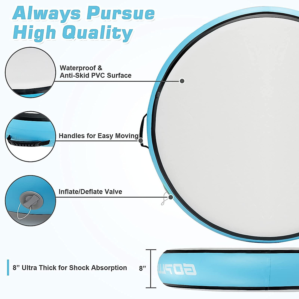 Goplus Inflatable Round Gymnastic Mat, 8” Thick Air Roller Tumbling Exercise Training Mat with Electric Air Pump, Waterproof Durable Air Spot Air Mat Set Yoga Floor Mat for Home Gym School (Blue)