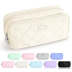 Sooez Large Pencil Case Pouch,Extra Big Pencil Bag with 8 Compartments,Pen Bag Wide Opening,Soft Quilted Pencil Pouch Organizer with Zipper,Portable Pencil Case for Teen Girls,Beige