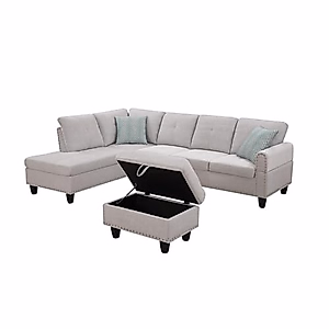 Devion Furniture Polyester Fabric Sectional Sofa with Lift-top Storage Ottoman, Tufted Design, in Light Gray Finish