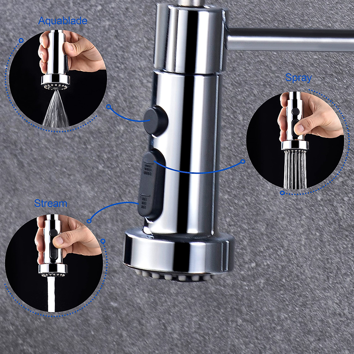 【UPDATED】Pull Down Kitchen Faucet Sprayer Head Replacement Part, 3 Function Pull Out Sink Sprayer Replacement Nozzle, Kitchen Faucet Head Hose Spray Tap Spout, Chrome