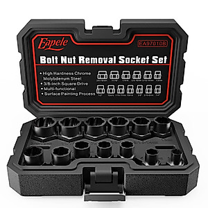 Eapele Bolt Extractor Set, Stripped Nut Remover Twist Sockets, Fit 3/8" Square Drive with Solid Storage Case (13pcs, Black)