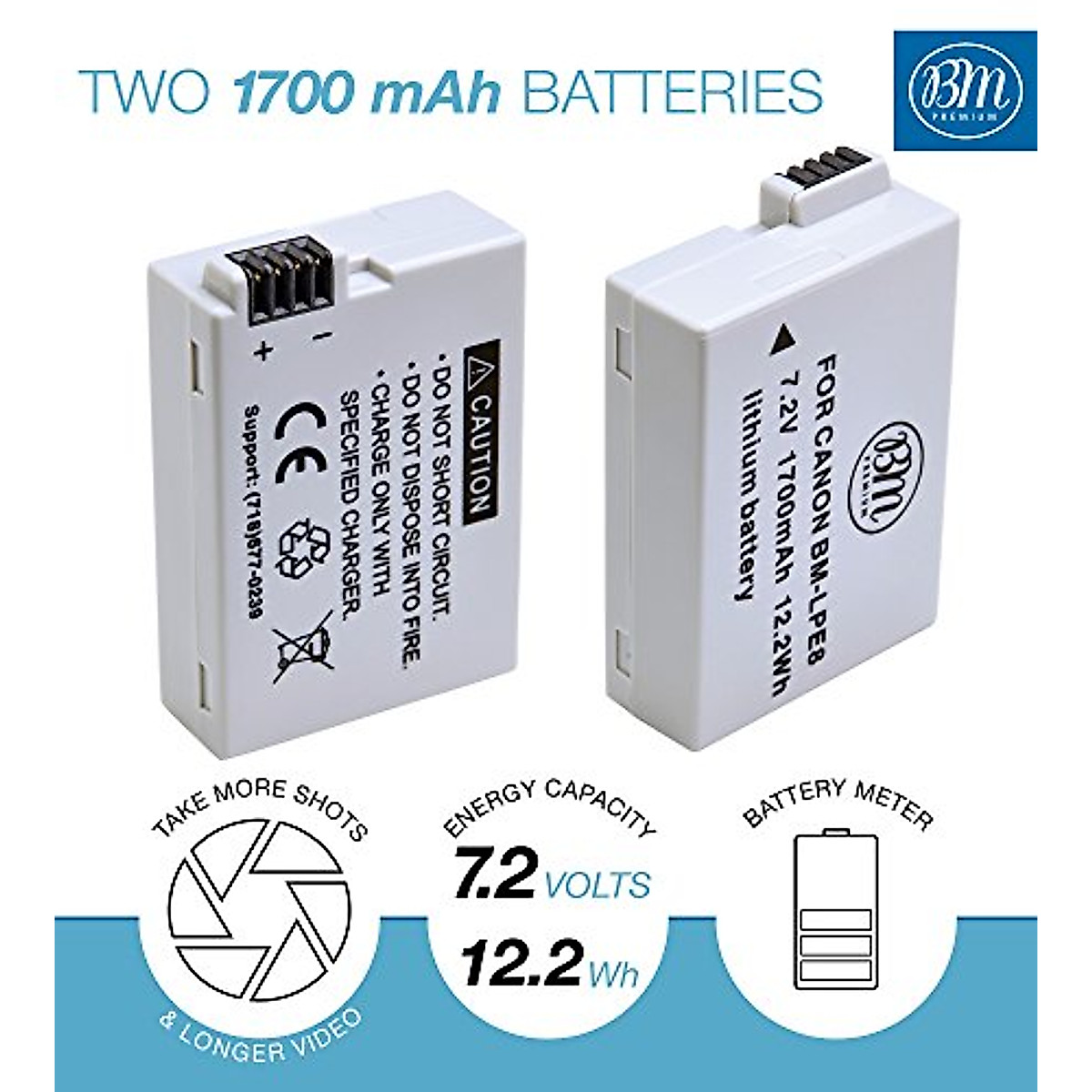 BM Premium 2-Pack of LP-E8, LPE8 Batteries and Dual Battery Charger Kit for Canon EOS Rebel T2i, T3i, T4i, T5i, EOS 550D, EOS 600D, EOS 650D, EOS 700D DSLR Digital Camera