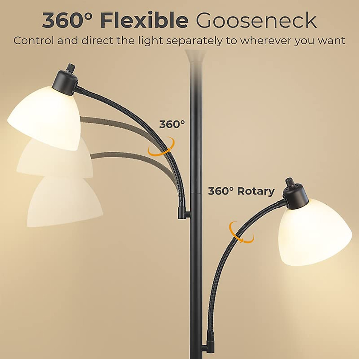 Isloys Floor Lamp, Torchiere Bright Floor Lamp with 2 Reading Lamps for Living Room, Led Floor Lamp with 3 Levels Dimmable Brightness, Industrial Floor Lamp for Reading Offices(3 Bulbs Included)