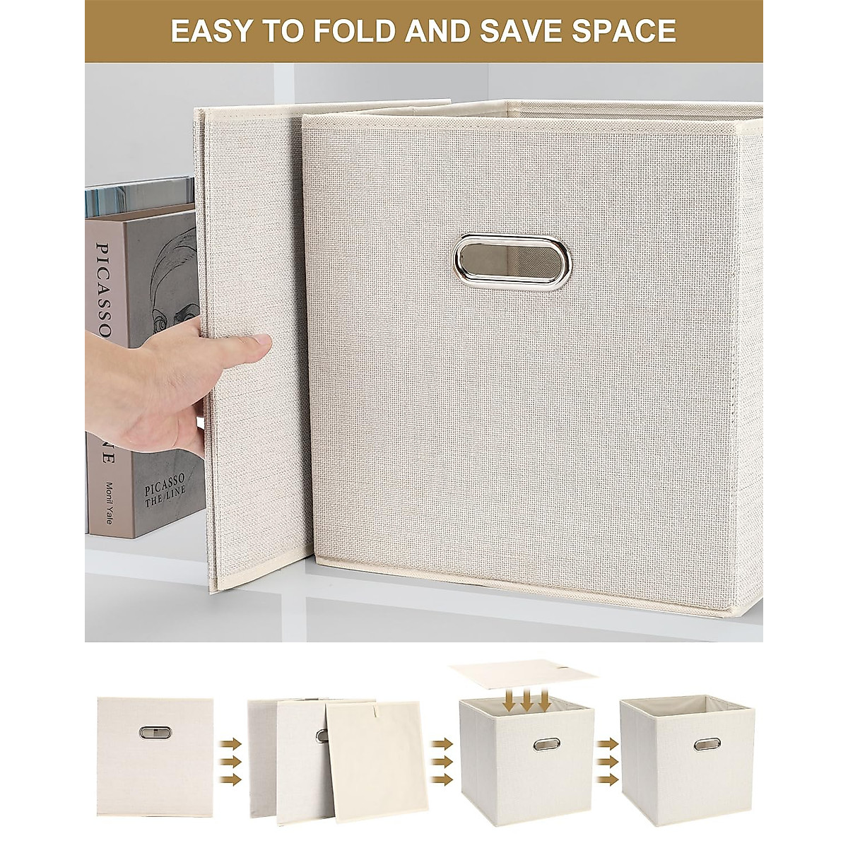 NEATJELAI Storage Cubes 13 Inches Cube Storage Organizer Bins Linen Fabric Storage Container with Metal Hallow Handles,Foldable Design for Shelves Closet Organizers and Storage, 4 Pack, Beige