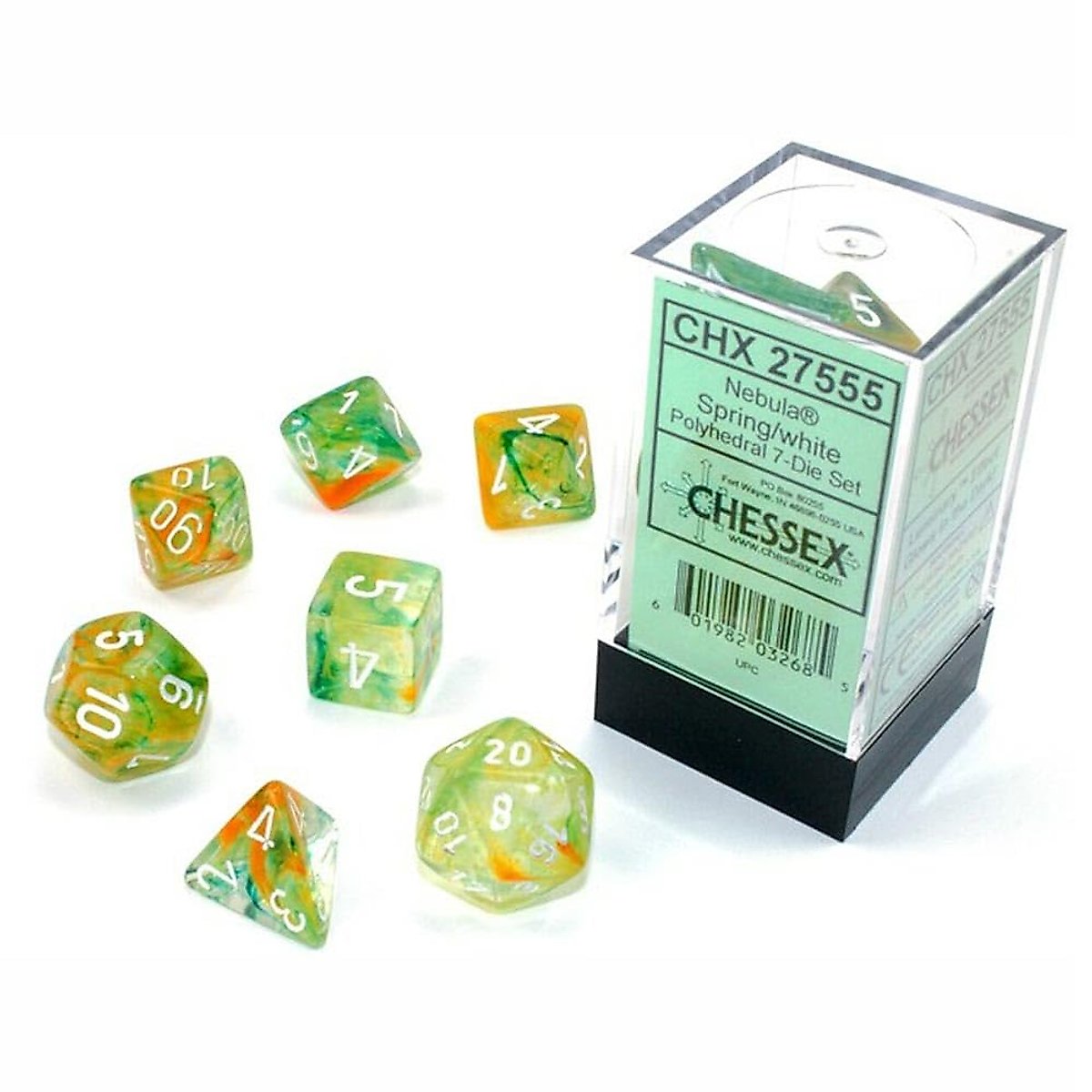 Chessex Nebula Polyhedral Dice Set Spring with White Luminary (7 dice), Various, 1 Count (Pack of 1)