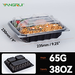 YANGRUI Clamshell Food Containers, Large Capacity 45 Pack 9.5 Inch 38 oz Anti-Fog Leak Proof Shrink Wrap 3 Compartment To Go Containers BPA Free Microwave Freezer Safe Plastic Meal Prep Container