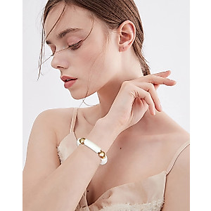 LALAPPLE Gold Plated Beaded Acrylic Bamboo Tube Bangle Bracelets for Women, Colorful Chunky Curved Tube With Gold Pieces Beads Stretch Bracelet Friendship Summer Beach Jewelry (A-Ivory)