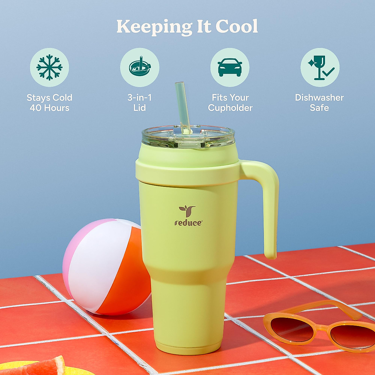 Reduce 40 oz Stainless Steel Tumbler with Handle - Dual-Wall Vacuum Insulated Travel Mug, Sweat-Proof Lid & Reusable Straw - Keeps Drinks Cold for 24 Hrs, Fits Cupholders, Dishwasher Safe-Ocean Breeze