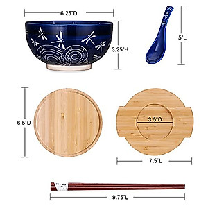 Ceramic Japanese Bowl with Soup Spoon, Noodle Chopsticks, Bamboo Lid and Trivet, Vintage Inspired Kitchenware, 5 Piece Set
