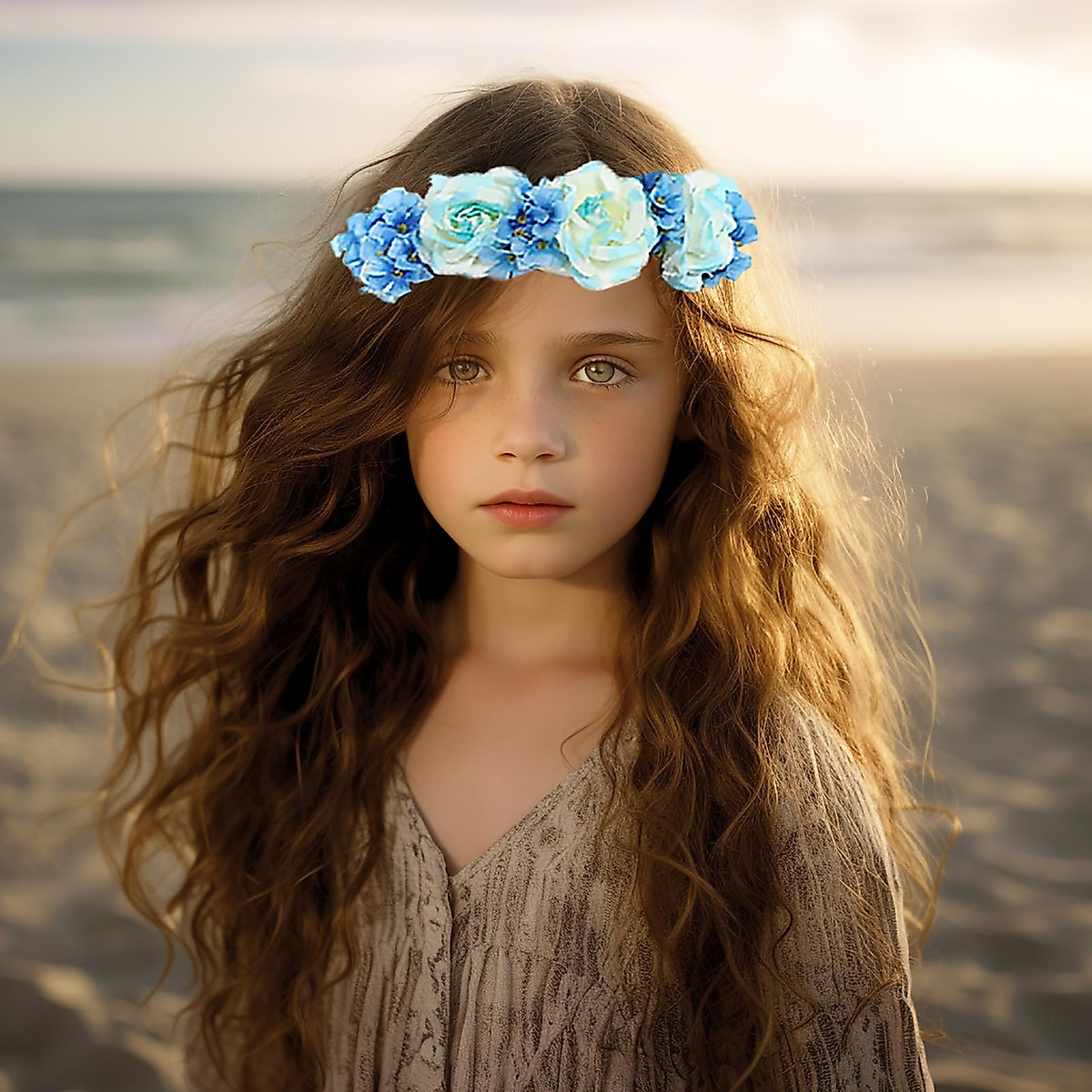 LLinfflr Floral Garland Crown Boho Flower Headband Hair Wreath Floral Halo Headpiece with Ribbon Wedding Party Blue