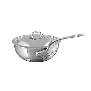 Mauviel M'Cook 5-Ply Polished Stainless Steel Splayed Curved Saute Pan With Lid, And Cast Stainless Steel Handle, 2.1-qt, Made In France