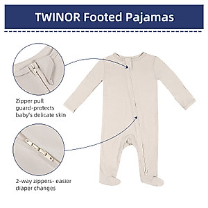 TWINOR Baby Footed Pajamas with Mittens, Soft Bamboo Viscose One-Piece Romper for Newborn Infant (light sand, 0-3 Months)