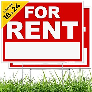 Sigo Signs, for Rent Sign, (2 Pack) Double Sided 18x24 Inches, Corrugated Plastic with Metal H Stake, Made in USA