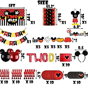 LetDec 214 PCS Mickey Twodles Birthday Party Decorations, Oh Twodles Balloons Arch Garland Kit, Mickey Two Backdrop, Mouse Themed TableCloth, Mickey Tableware for Boy 2nd Birtdhay Party Supplies