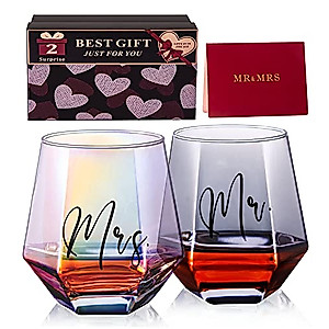 FONDBLOU Wine Glasses Gifts for Mr and Mrs, Wedding Gifts for Bride and Groom, Gifts for Bridal Shower Newlywed Engagement and Anniversary, Couples Gifts for Husband & Wife(12oz*2 Glass)
