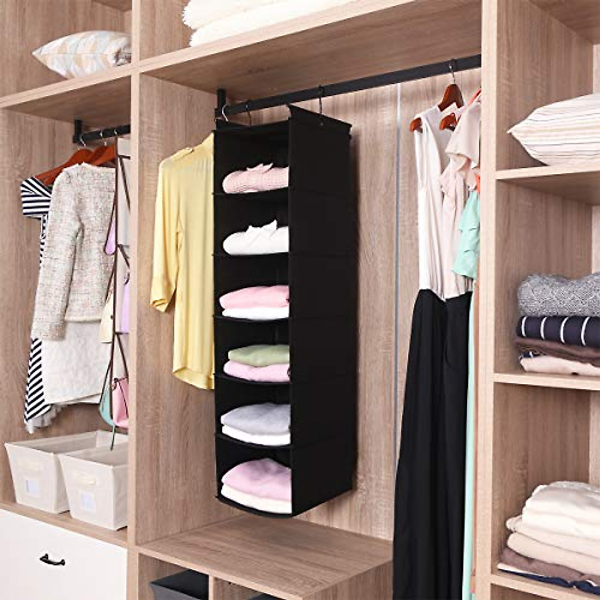 MAX Houser 6 Tier Shelf Hanging Closet Organizer, Closet Hanging Shelf with 2 Sturdy Hooks for Storage, Foldable,Black and Light Grey