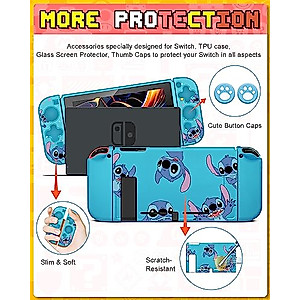 Xinocy for Nintendo Switch 9 in 1 Storage Accessories Kit with Travel Carrying Case+Switch Protective Cover+Game Case Holder+Strap+Sticker+2 Joycon Shells+2 Thumb Caps Cute for Boys Kids Girls -Stit