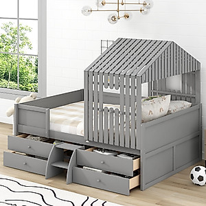 LostCat Full Bed with Storage, Full Size House Low Loft Bed with 4 Drawers, Wooden Platform Bed Frame with Stairs & Guardrail for Kids Teens Adults, No Box Spring Needed, White