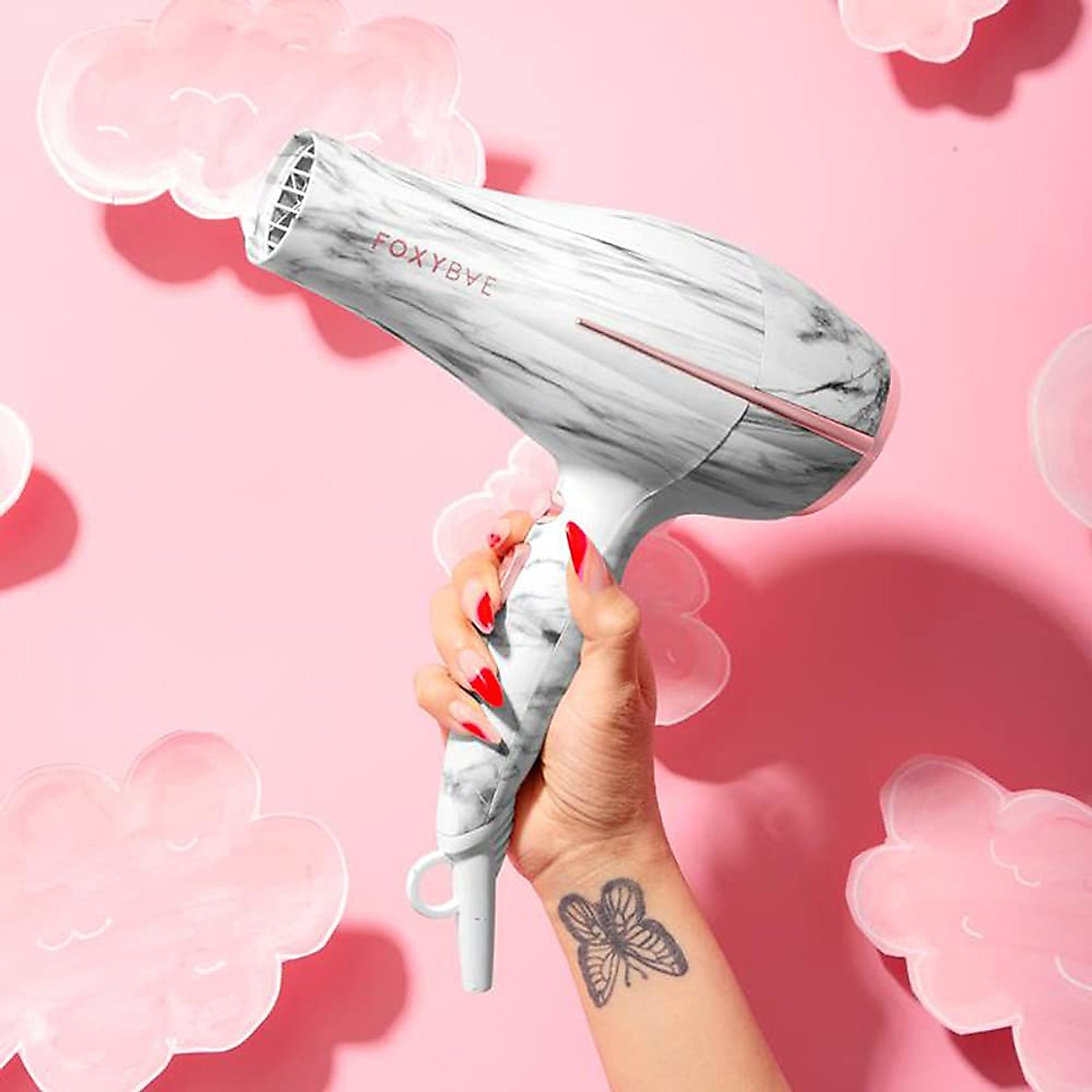 Foxybae Professional Hair Dryer | Powerful Ceramic Tourmaline Blow Dryer | Salon-Grade Hairdryer Motor | Hair Styling Tools for Straight & Curly Hair, 2 Heat Settings | White Marble Rose Gold