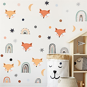 ROFARSO Colorful Cute Fox and Rainbow Wall Sticker for Kid Removable Animal Dot Star Wall Decal DIY Decoration for Nursery Baby Bedroom Playroom Living Room Gaming Room