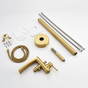 Wowkk Waterfall Freestanding Bathtub Faucet Brushed Gold Floor Mount Tub Filler Brass Single Handle Bathroom Faucets with Hand Shower