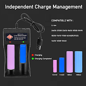18650 Battery Charger 2 Bay Universal USB Smart Charger for 3.7V Rechargeable Lithium Li-ion Batteries Compatible 18650 26650 21700 10400 14500 16340 16650 18500 Battery Charger
