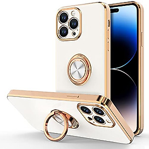 Hython Case for iPhone 14 Pro Max Case with Ring Stand [360° Rotatable Ring Holder Magnetic Kickstand] [Support Car Mount] Plated Rose Gold Edge Soft TPU Luxury Protective Phone Case Cover, White