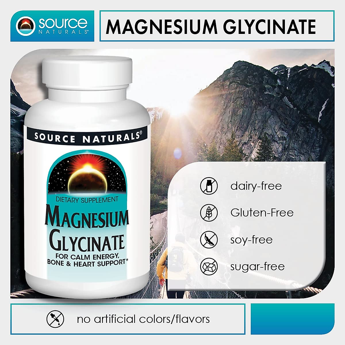 Source Naturals Magnesium Glycinate, for Calm Energy, Bone & Heart Support*, 200 mg per Serving - 120 Tablets