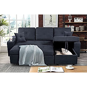 Cotoala L-Shape Sectional Sofa with Pull-Out Bed and Storage Space, Right Convertible Sleeper Couch w/Chaise Longue, 2 Cup Holders & Side Pockets, for Living Room, Apartment, 92", Dark Gray