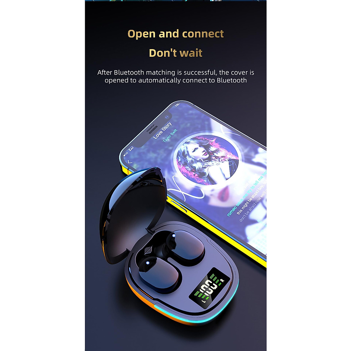 Wireless Headphones, Wireless Bluetooth Headphones, Waterproof Touch Ergonomic Headphones, Surround Sound, Noise Cancellation, Led Display Charging Case, Fast Charging, Anti-Allergic.