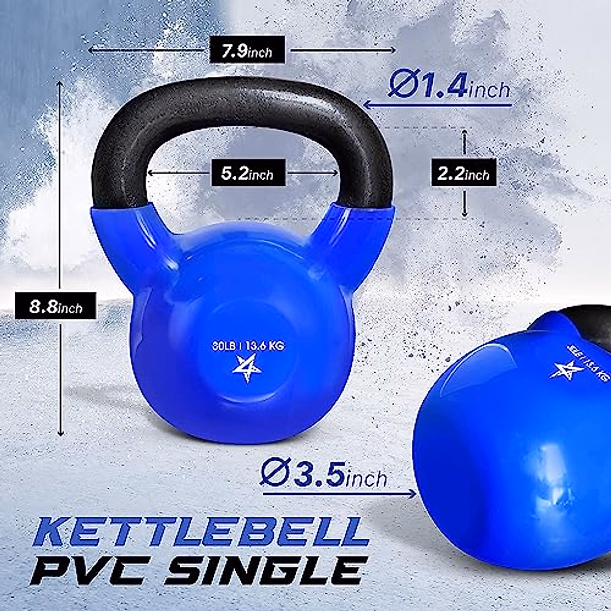Yes4All 30 lb Kettlebell Weight Vinyl Coated Cast Iron for Dumbbell Weights Exercises, Gym, Fitness, Full Body Workout Equipment Push up, Grip and Strength Training, Blue