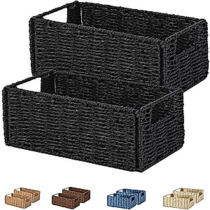 Small Wicker Storage Baskets, Vagusicc Hand-Woven Paper Rope Storage Organizer Baskets Bins (Set of 2), Toilet Paper Small Wicker Baskets with Handles for Organizing Toilet Shelves Pantry, Black