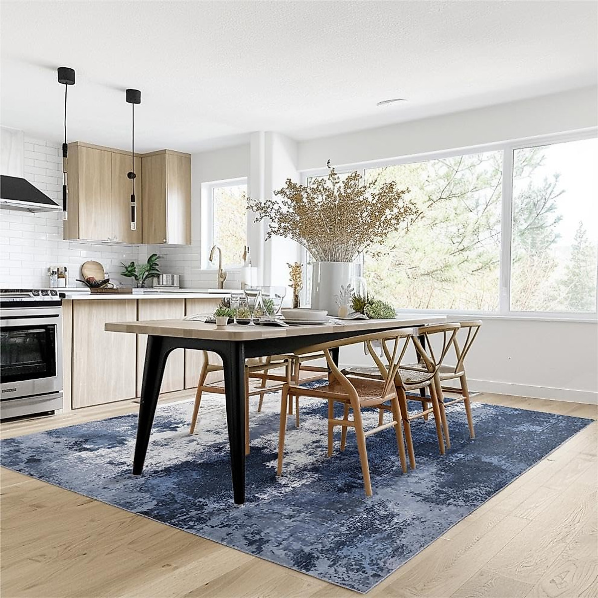 Andency Washable Area Rug 5x7, Modern Abstract Living Room Rugs, Non Slip Carpet for Bedroom Dining Room, Large Soft Satin Resistant Home Decor Rug, Blue