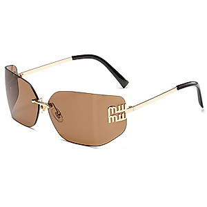 Bsreyeop Futuristic Rimless Y2K Sunglasses for Women Men Fashion Wrap Around Frame Trendy Shield Frameless Design (Brown C1)