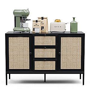 IKIFLY Rattan Sideboard Buffet Cabinet, Boho Rattan Storage Cabinet with 3 Drawers and 2 Doors, Accent Console Table Cabinet for Living Room, Kitchen, Dining Room, Entryway - Black