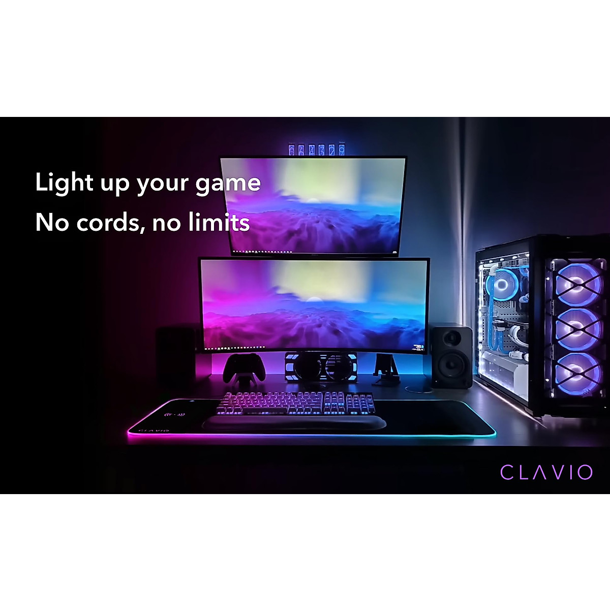 CLAVIO 15W Wireless Charging RGB Gaming Mouse Pad, LED Mouse Pad 31.5 x 12 inch Extra Large Mousepad Non-Slip Rubber Base, 10 Light Modes RGB Desk Mat for Gaming, MacBook, PC, Laptop, Desk