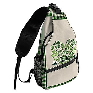 Sling Backpack, St. Patrick's Day Lucky Shamrocks Clover Love Heart Green Buffalo Plaid Waterproof Lightweight Small Sling Bag, Travel Chest Bag Crossbody Shoulder Bag Hiking Daypack for Women Men