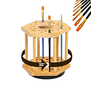 ZION L&J Rotating Paint Brush Organizer Spins 360 Degrees - Holds 24 Brushes - Bamboo Wooden Hexagonal Design Paint Brush Storage with 1 Centre Hole, Paint Brush Holder for Artist Desk, Arts & Crafts