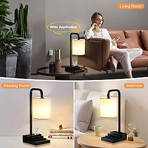 Iporovon 3-Way Dimmable Touch Control Lamps for Nightstand, Bedside Lamp with USB Ports & Outlet, Linen Shade, 2 Phone Stand & Pen Holder, Modern Desk Side Table Lamp for Bedroom Living Room Reading