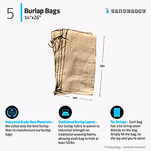 Sandbaggy Burlap Sand Bag - Size: 14" x 26" - Sandbags 50lb Weight Capacity - for Flooding, Flood Water Barrier, Tent Sandbags, Store Bags - Sand Not Included (5 Bags)