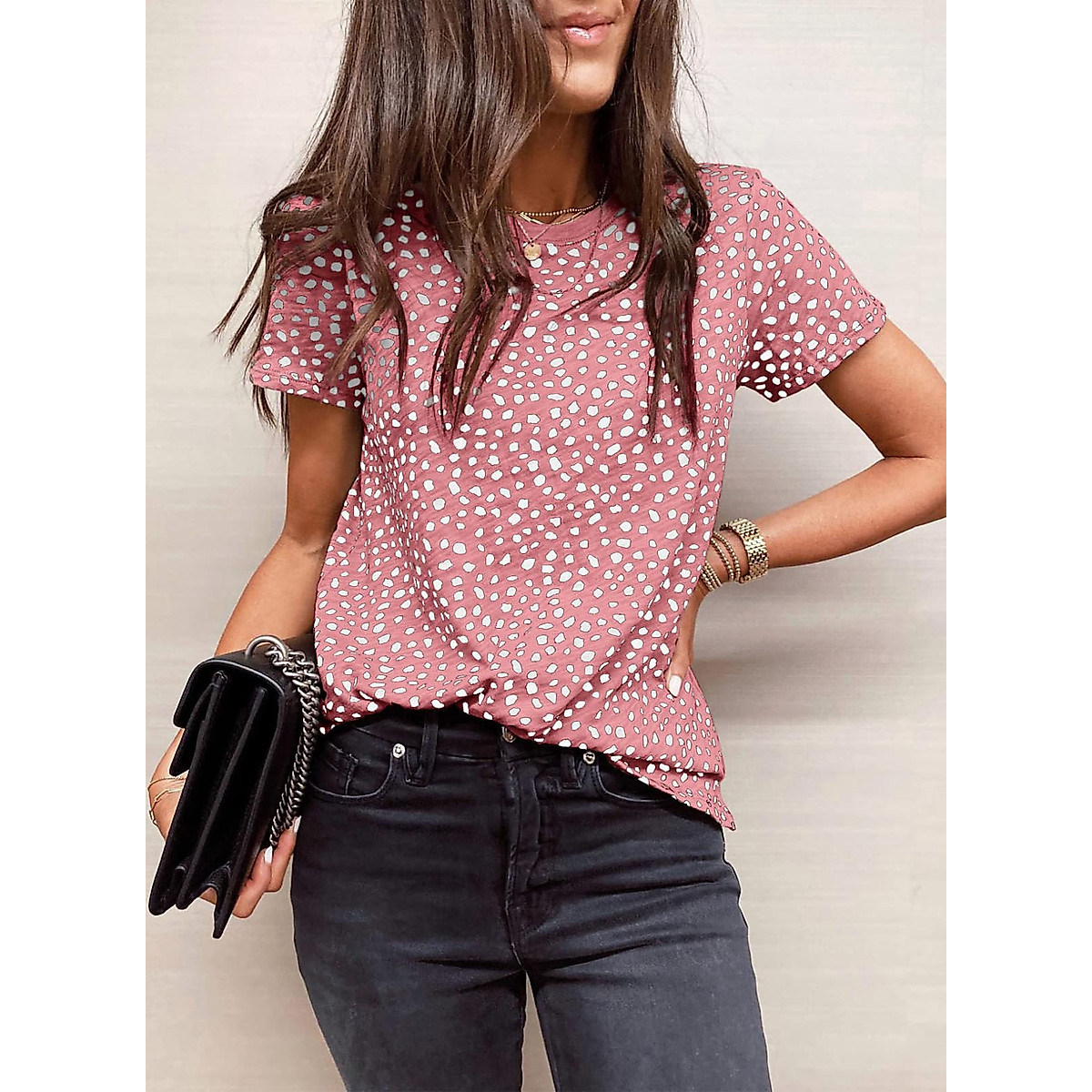 EVALESS Womens Casual Polka Dot Tops Crewneck Short Sleeve T Shirts Fashion 2023 Spring Summer Loose Fit Shirts Pink Medium