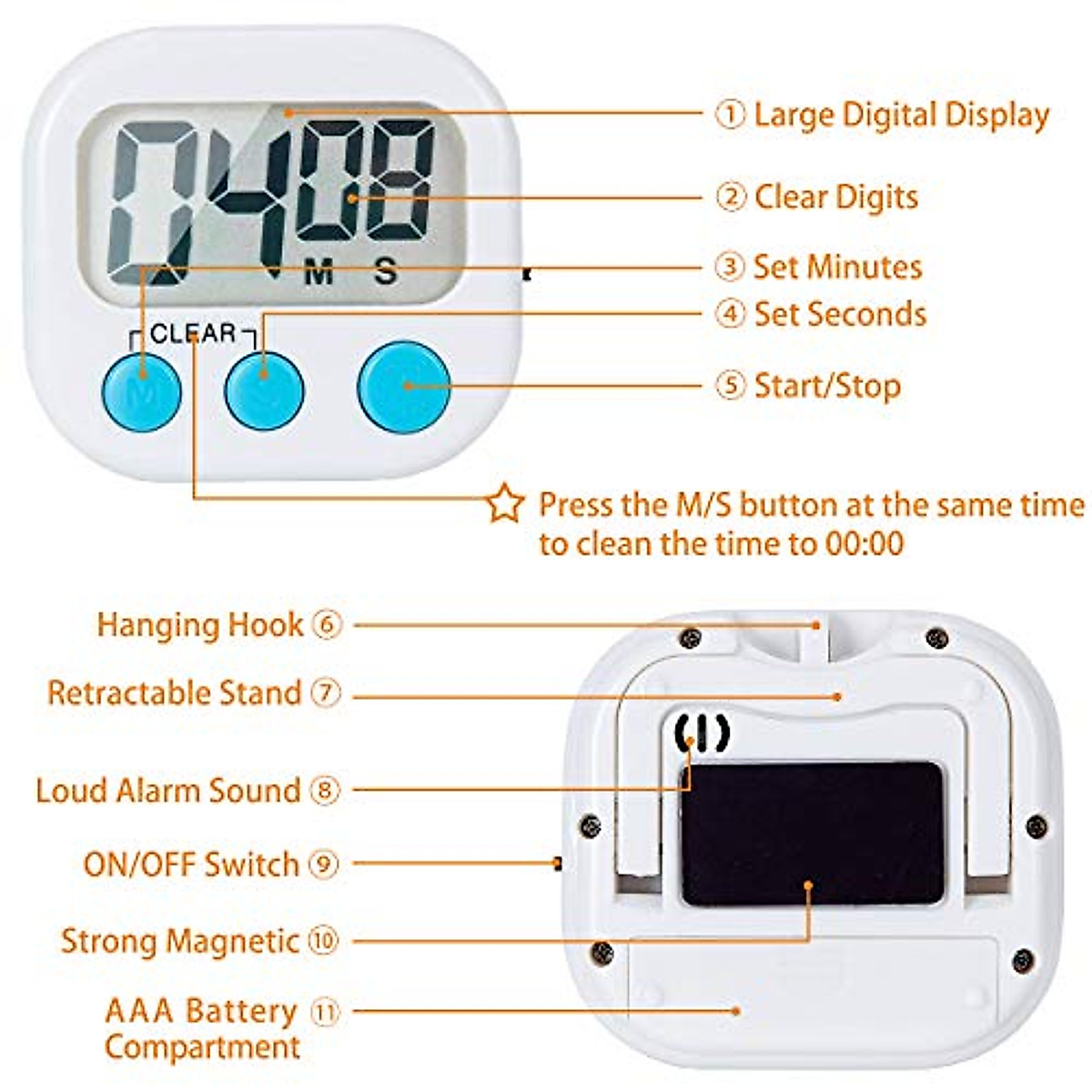 2 Pack Digital Kitchen Timer for Cooking Big Digits Loud Alarm Magnetic Backing Stand Cooking Timers for Baking White