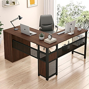 LVB L Shaped Desk with Drawers, Reversible L Shape Computer Desk with Storage Cabinets for Home Office, Large Wood Metal Executive Corner Writing Desk Table for Work Study Gaming, Walnut, 59 Inch