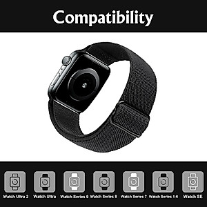 Arae Stretchy Watch Band Compatible for Apple Watch Band 49 mm 45mm 44mm 42mm Comfortable Adjustable Sport Band for iWatch Series 9 8 7 6 5 4 SE 3 2 1 Ultra 1 2 Women Men - Black